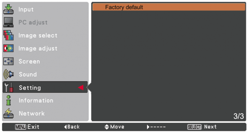 How can I reset my PRM-30 projector back to factory defaults?