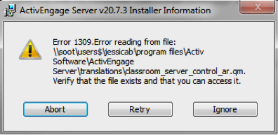 ActivInspire Error 1309: Error reading from file