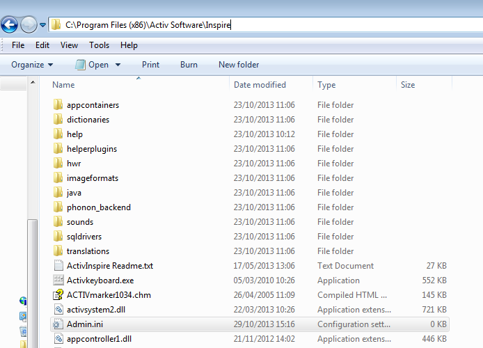 What is the admin.ini file in ActivInspire, and where is it located?