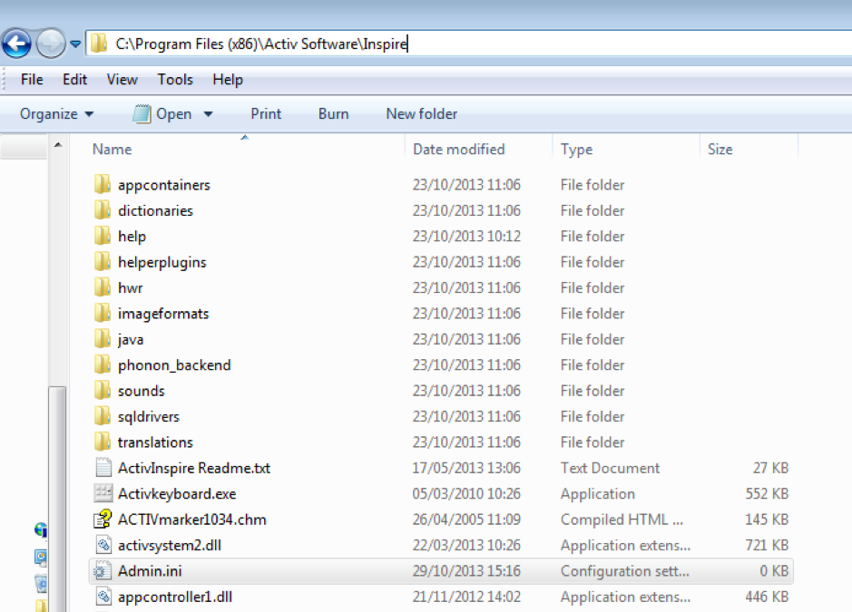 Что такое файл admin.ini в ActivInspire и где он находится?