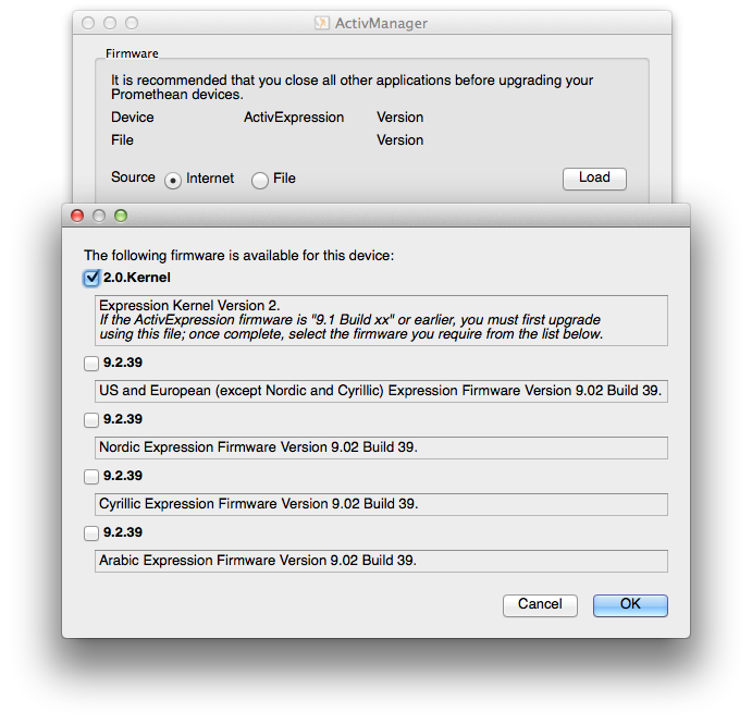 Información sobre actualización del firmware de ActivExpression