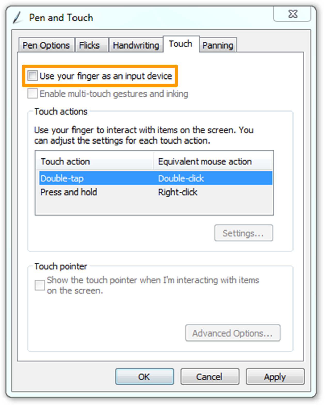 How do I disable touch features on Windows 7?
