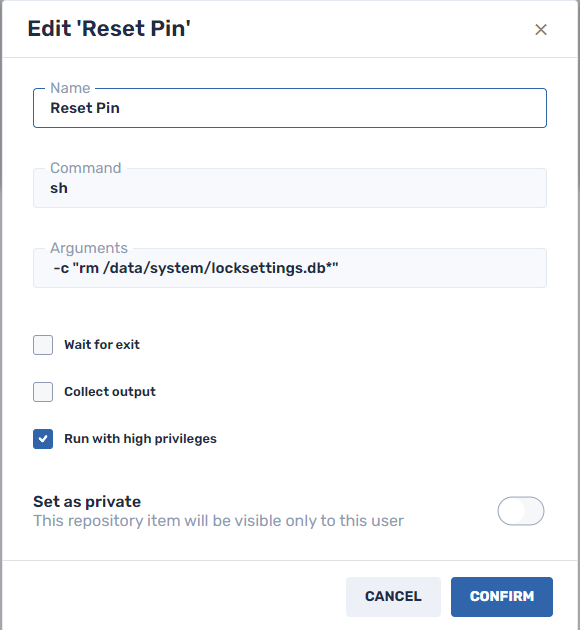 Resetting a PIN or password via Radix VISO