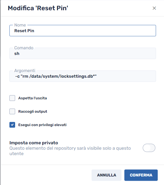 Reimpostazione di un PIN o di una password tramite Radix VISO