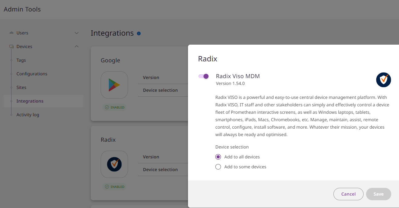 Radix integration via Promethean Web Device management