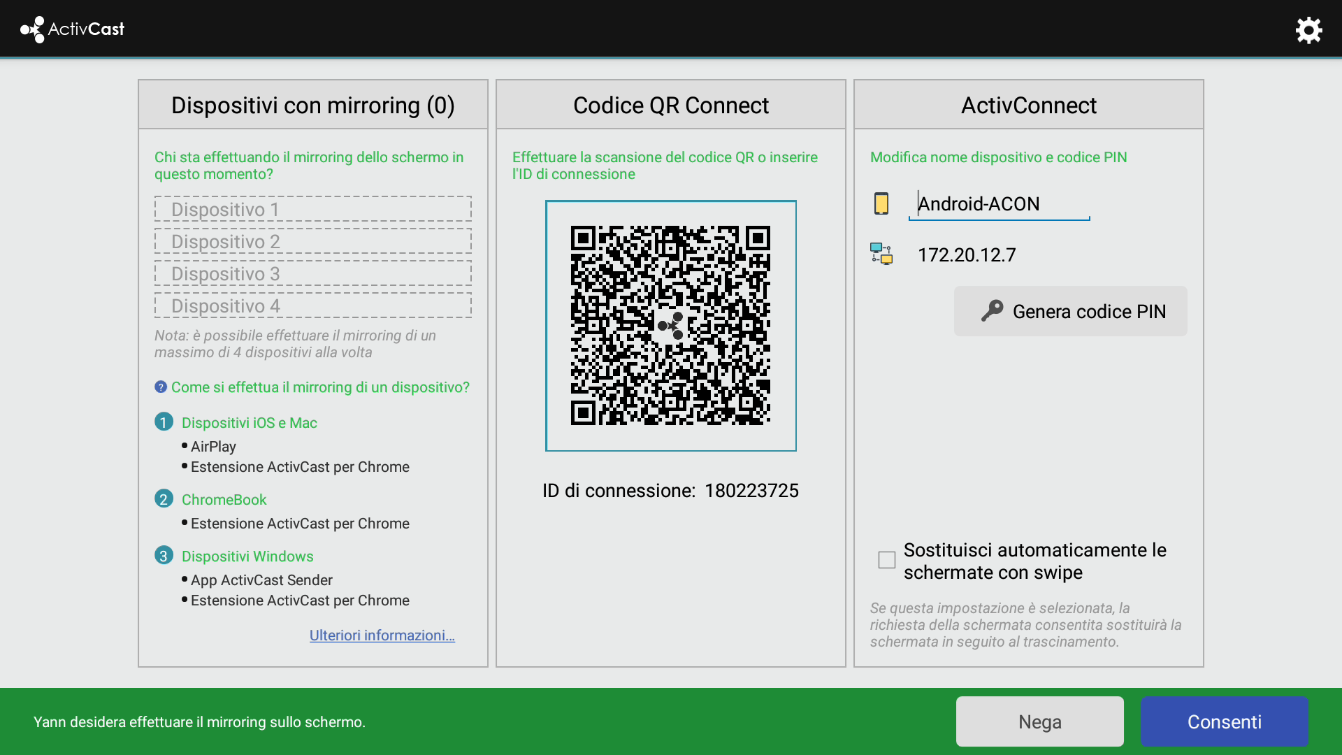 In che modo è possibile eseguire il mirroring dello schermo in ActivCast?