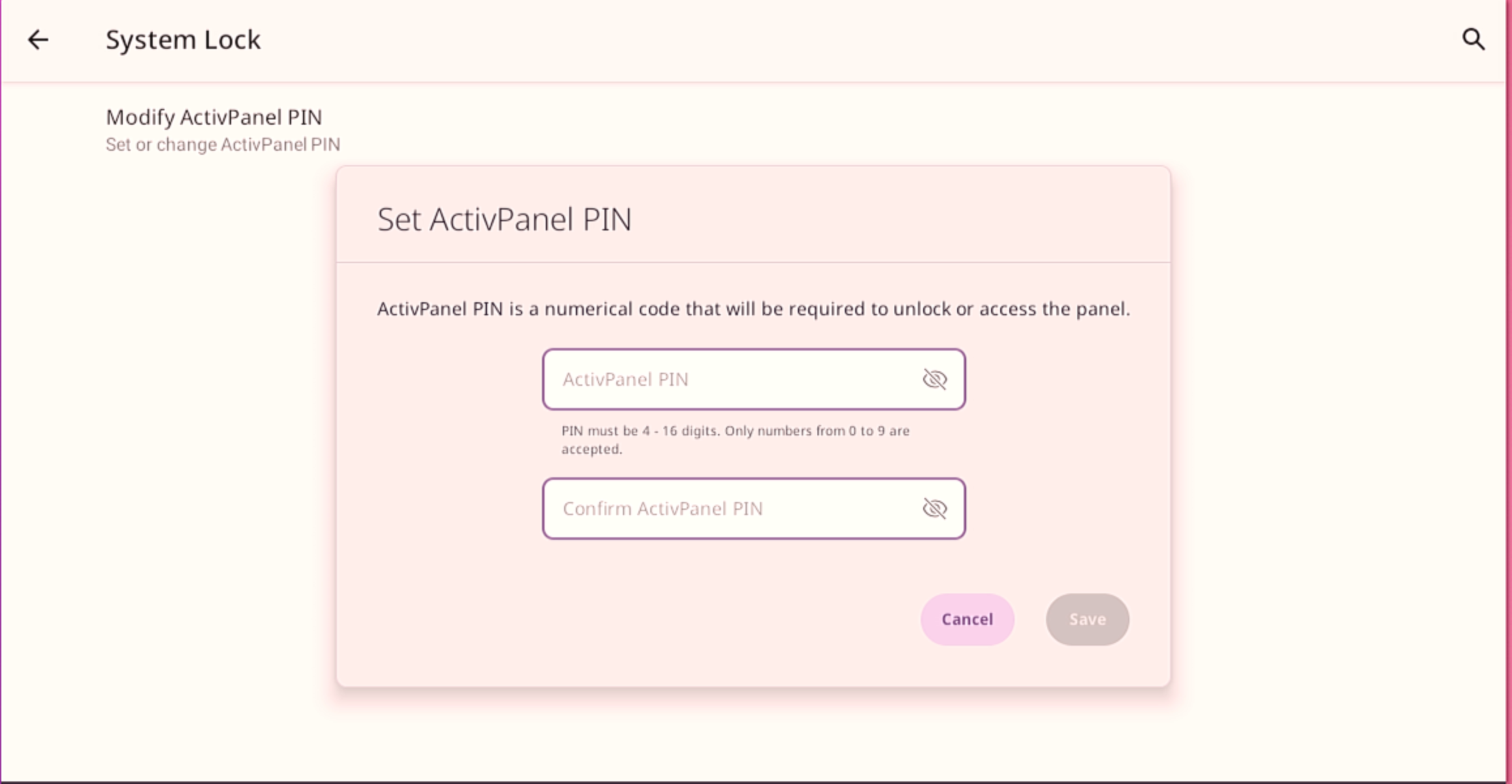 How to set a user PIN or ActivPanel PIN on ActivPanel 9