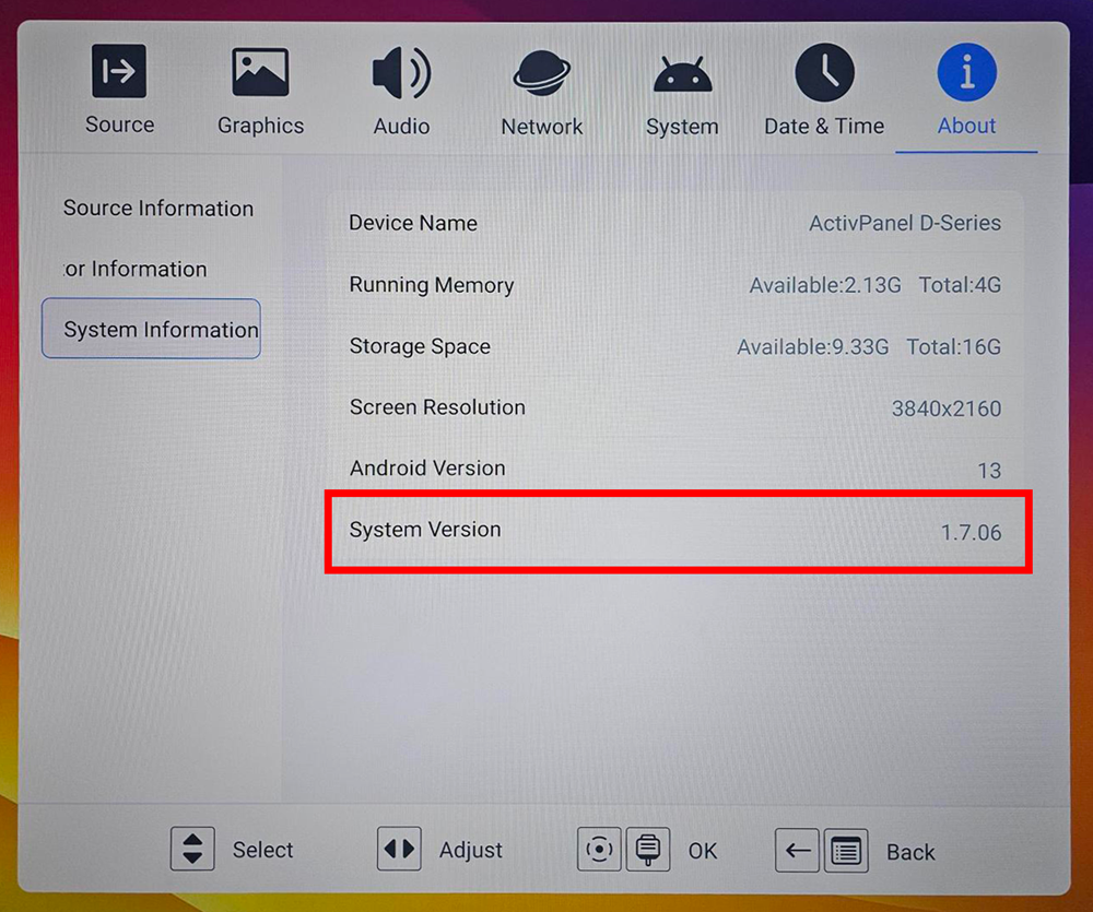 Where do I find the ActivPanel mainboard firmware version?